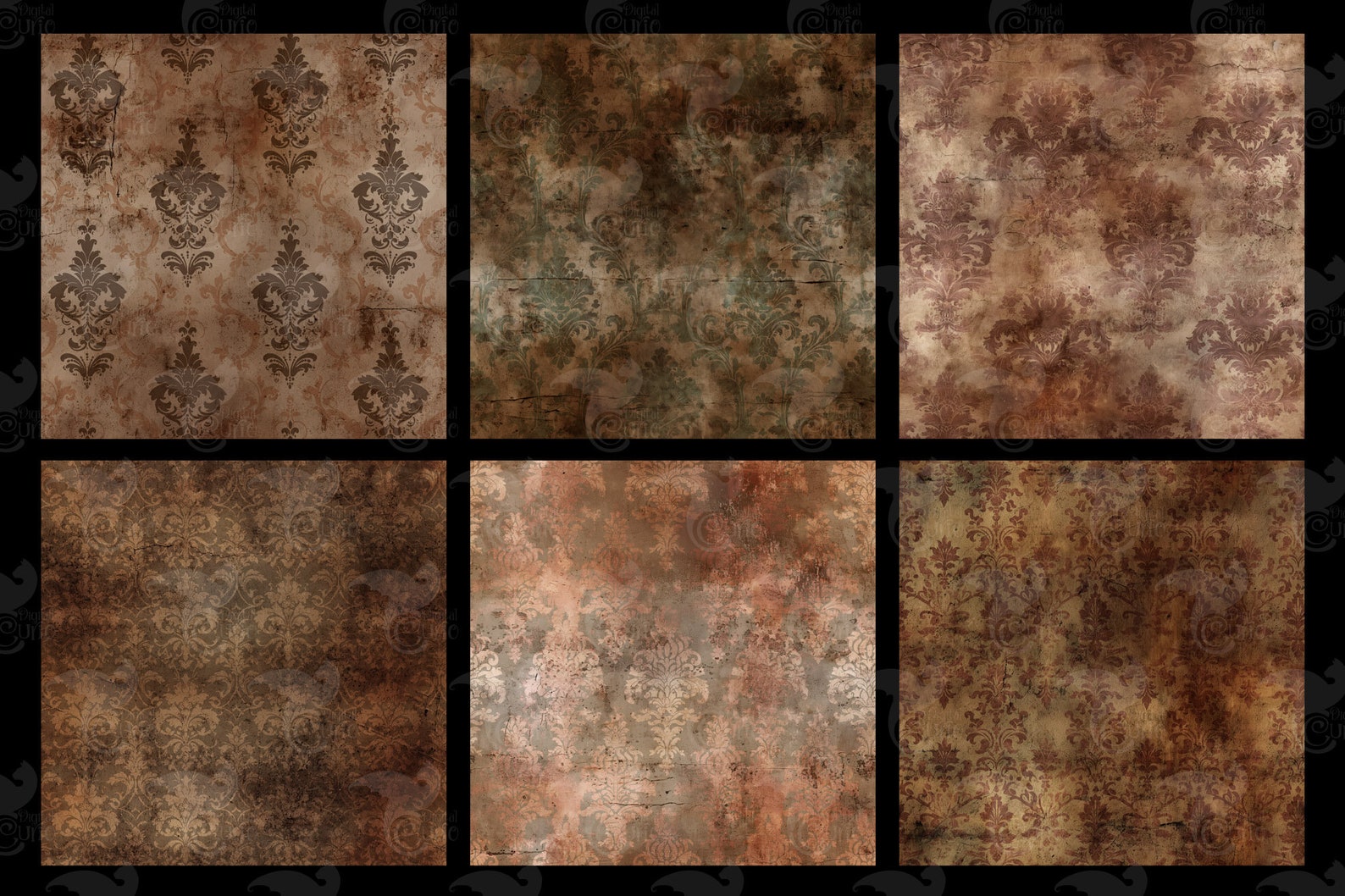 Distressed Red Damask Digital Paper, Seamless Rustic Textured Scrapbook ...