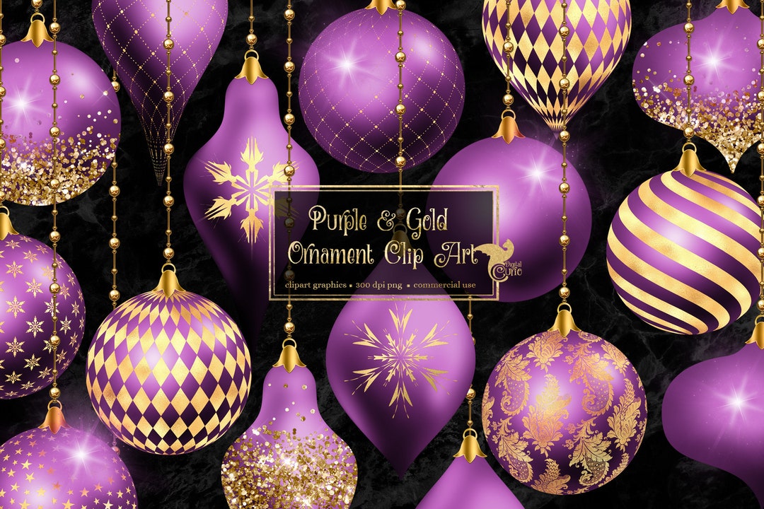 Purple and Gold Christmas Ornaments Clipart, Digital Glitter Christmas ...