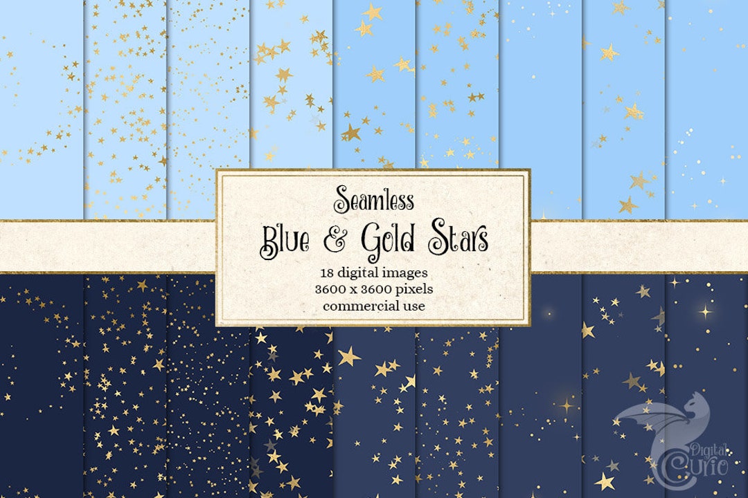 Blue and Gold Stars Digital Paper, Seamless Gold Star Patterns, Gold ...