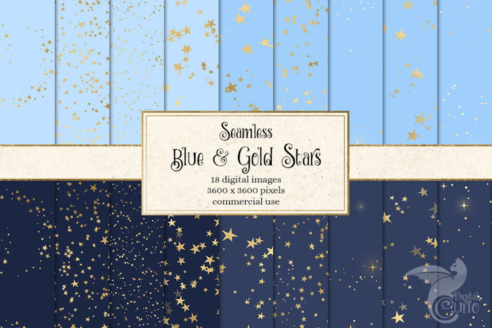 Blue and Gold Stars Digital Paper Seamless Gold Star | Etsy