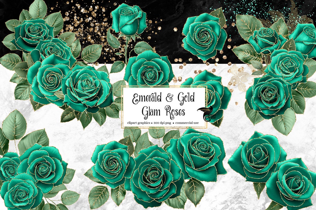 Emerald and Gold Glam Rose Clip Art, Digital Instant Download Glitter ...