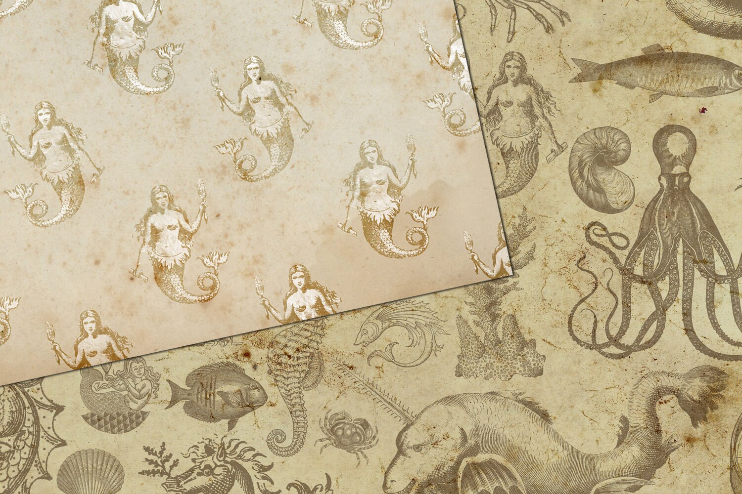 Vintage Mermaid Digital Paper - Printable Antique Nautical Backgrounds ...