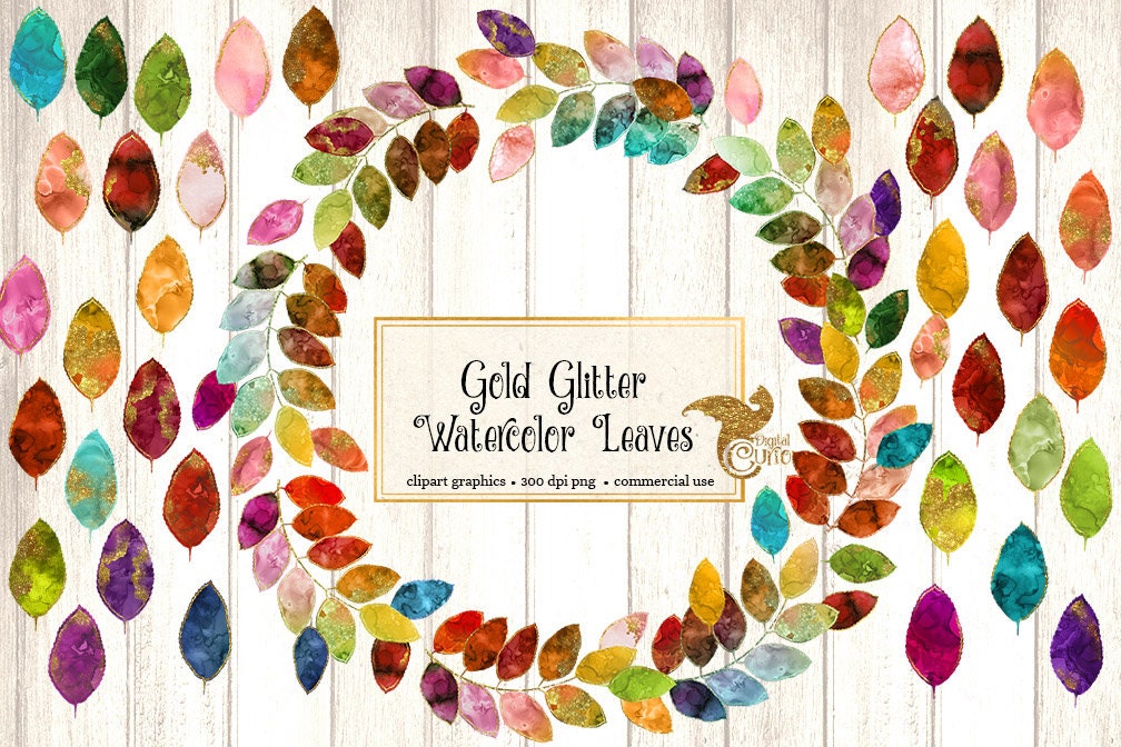 Gold Glitter Watercolor Leaves Clipart Gold Glitter Fall Leaf - Etsy