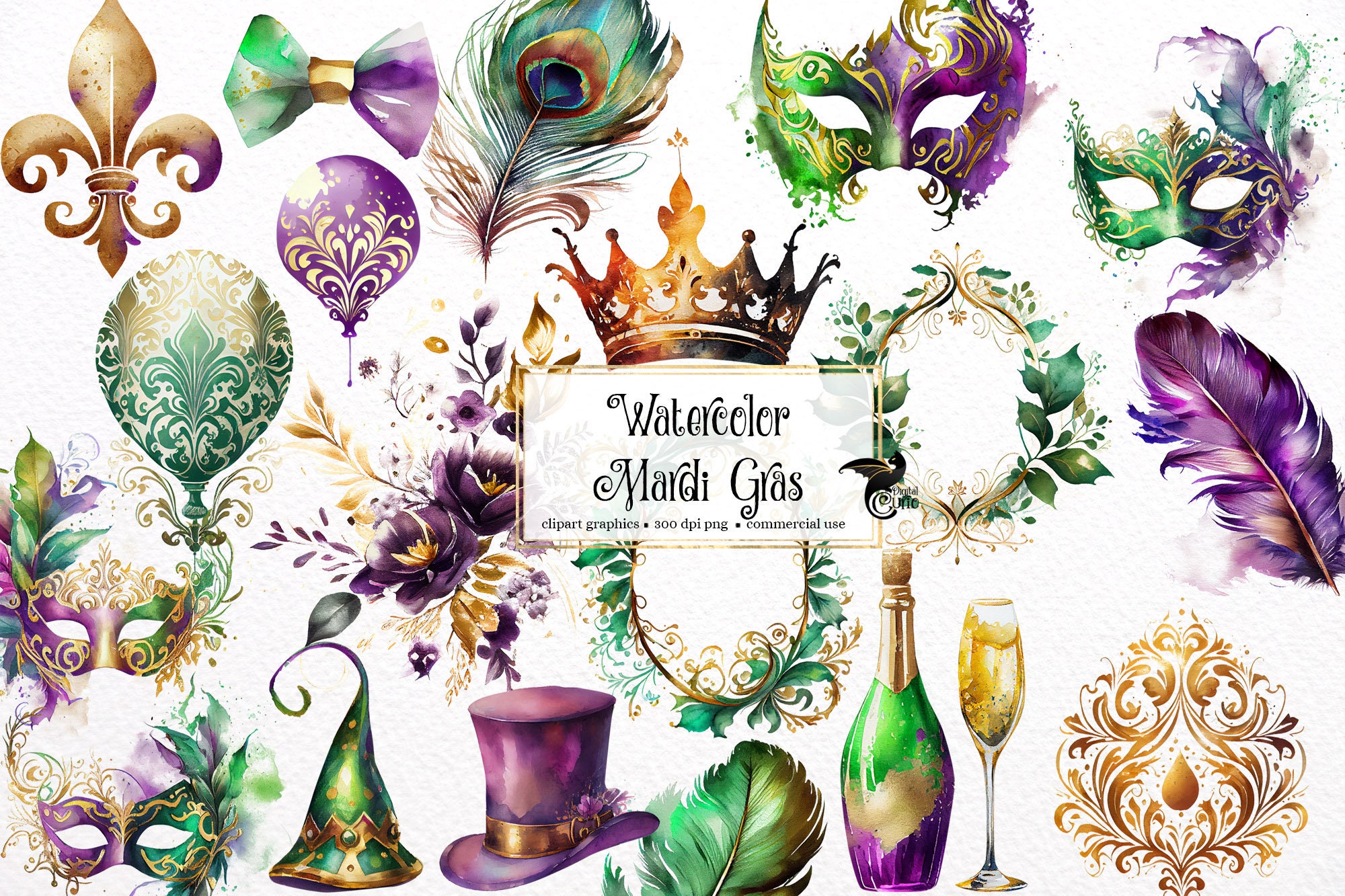 Watercolor Mardi Gras Clipart Digital Png Carnival and - Etsy UK
