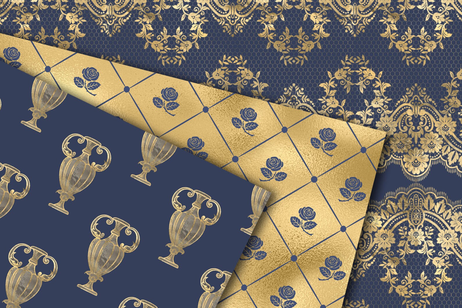 Victorian Blue and Gold Digital Paper, Damask Ornaments (digital ...