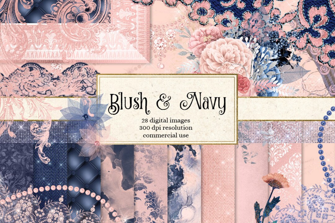Blush and Navy Digital Scrapbooking Kit, Blush Pink Clipart, Digital ...