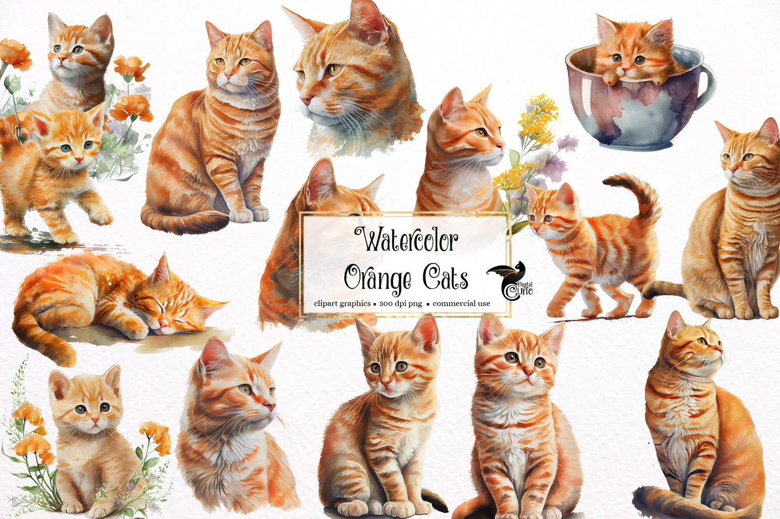 Watercolor Orange Cats Clipart Cute Floral Tabby Cats and Kittens With ...