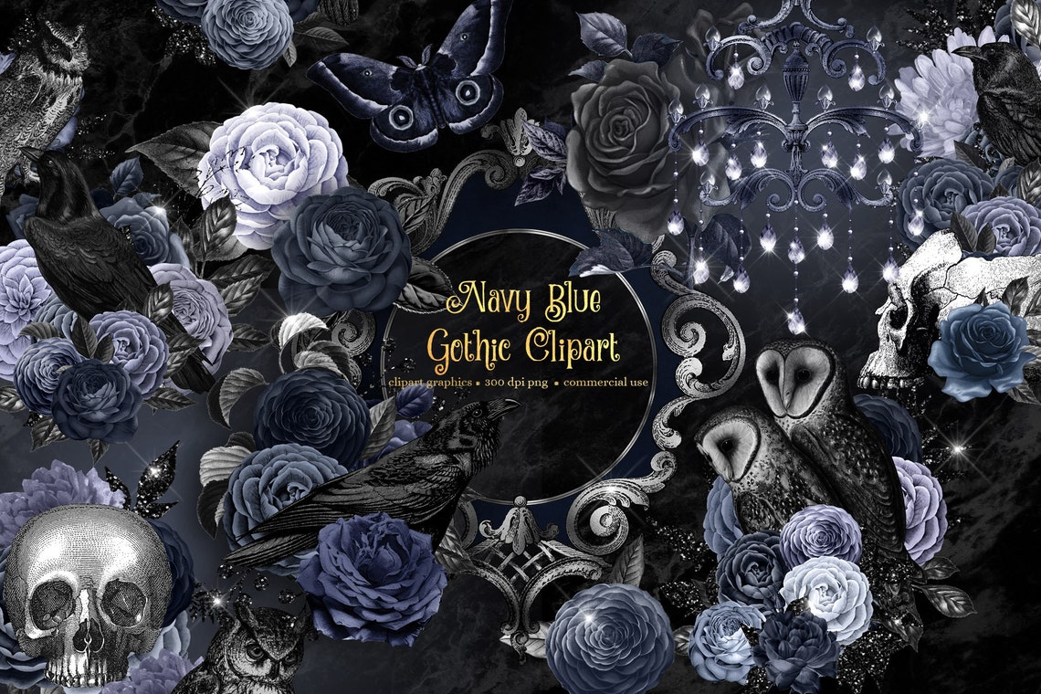 Navy Blue Gothic Clipart Vintage Dark Glam Clip Art Graphics - Etsy