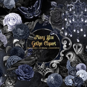 Navy Blue Gothic Clipart - Vintage Dark Glam Clip Art Graphics in Png ...