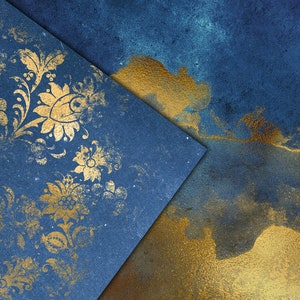 Grunge Blue and Gold Digital Paper, Distressed Gold Textures, Printable ...