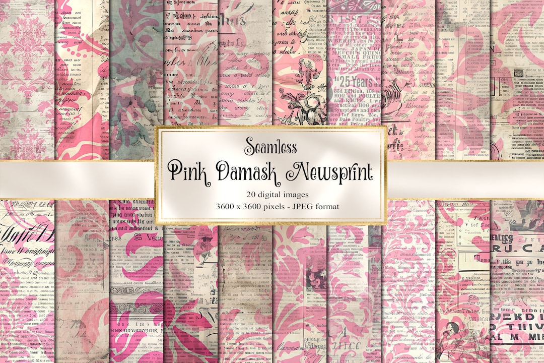 Pink Damask Newsprint Digital Paper, Instant Download Teal Vintage ...