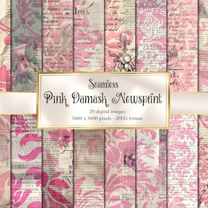 Pink Damask Newsprint Digital Paper, Instant Download Teal Vintage ...