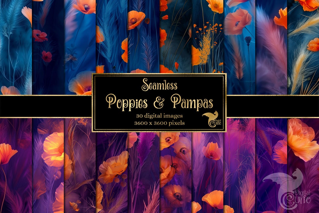 Seamless Poppies and Pampas Grass Backgrounds, Digital Paper, Dark ...