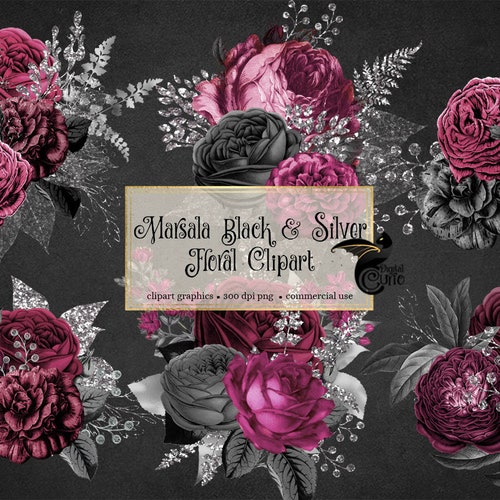 Black Purple and Silver Floral Clipart Vintage Flower Clip - Etsy