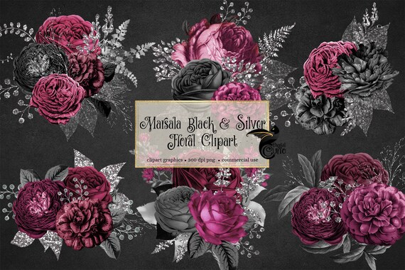 Marsala Black and Silver Floral Clipart Purple Flower - Etsy