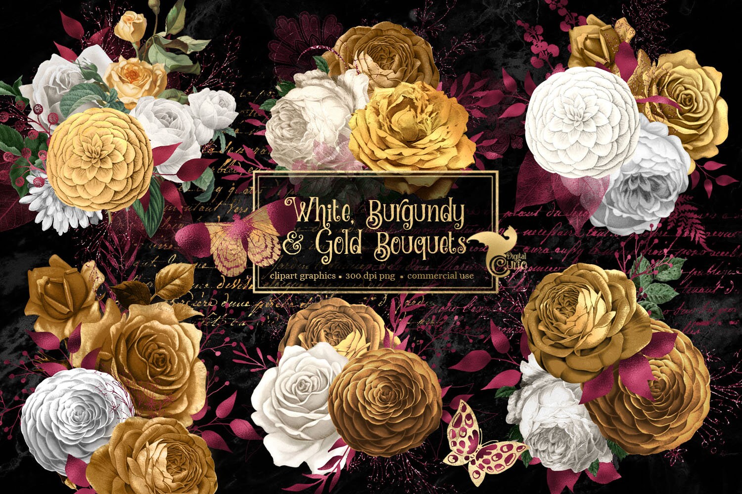 White Burgundy and Gold Floral Bouquets Digital Instant - Etsy