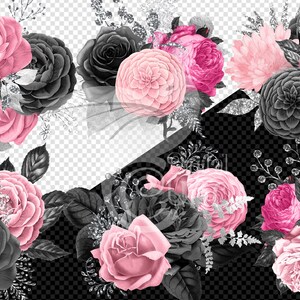 Black Pink and Silver Floral Clipart, Vintage Flower Clip Art Silver ...