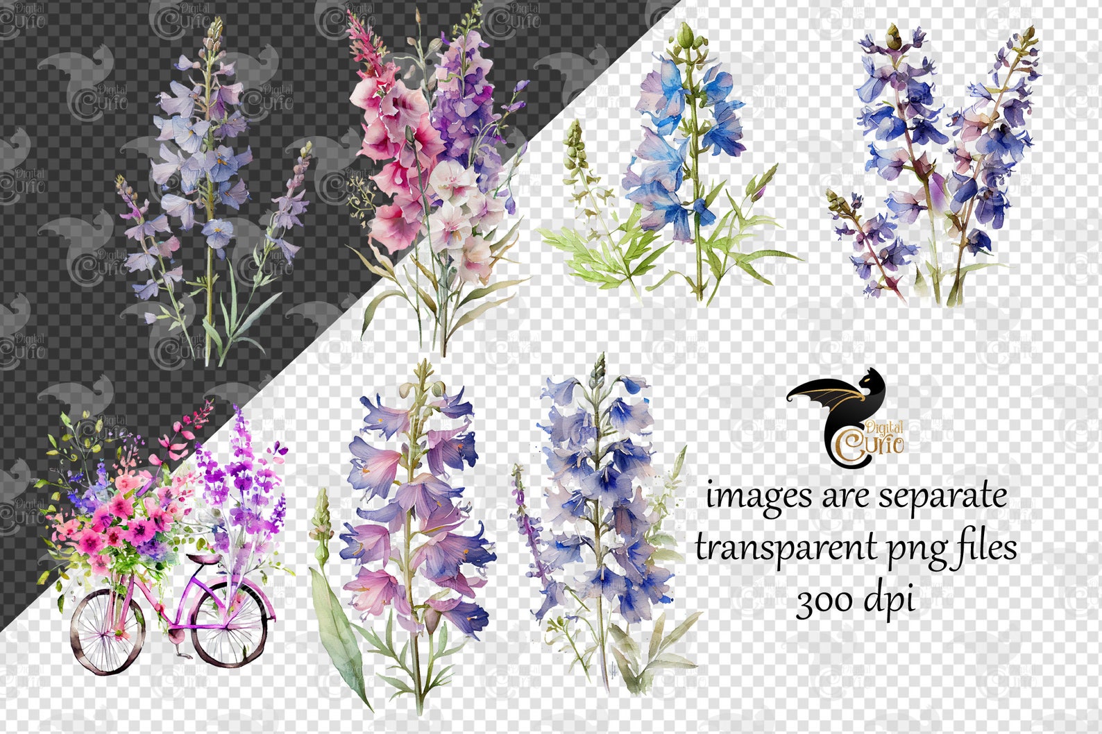 Watercolor Larkspur Clipart - Spring Wedding Flowers in PNG Format ...