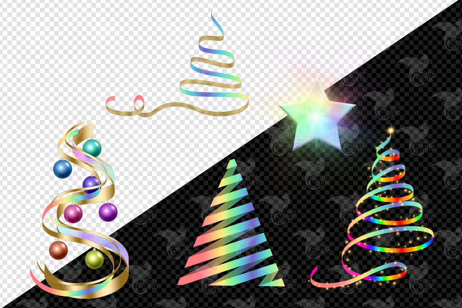 Rainbow Ribbon Christmas Tree Clip Art Digital Holiday - Etsy