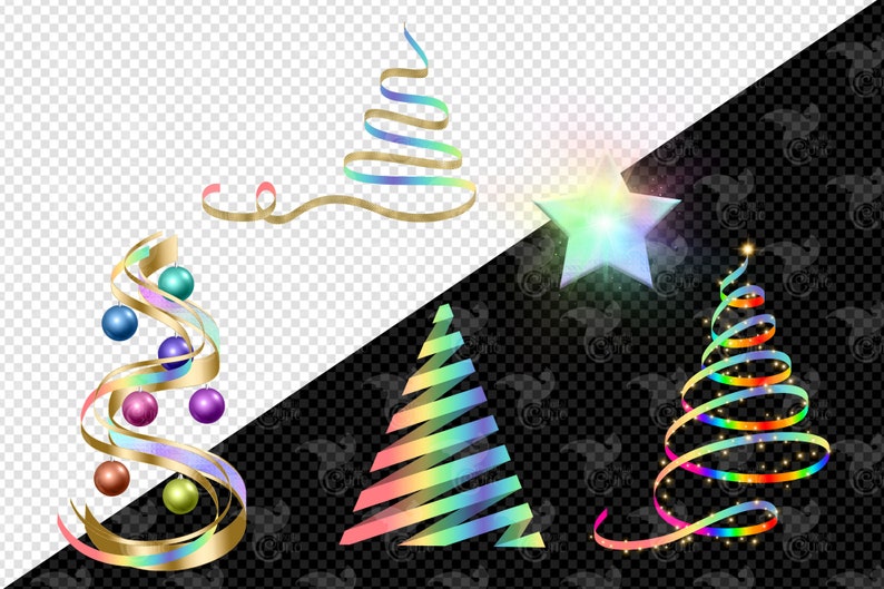 Rainbow Ribbon Christmas Tree Clip Art – Iridescent PNG Graphics ...