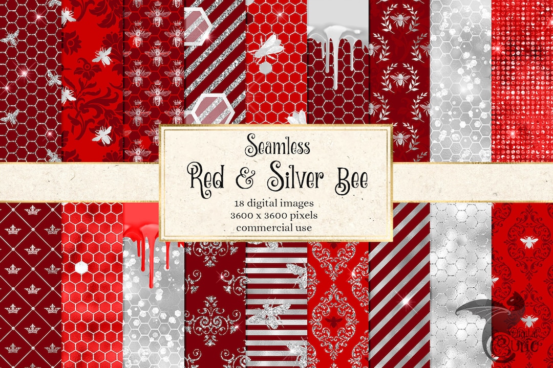 Red and Silver Honey Bee Digital Paper, Scrapbook Patterns (digital ...