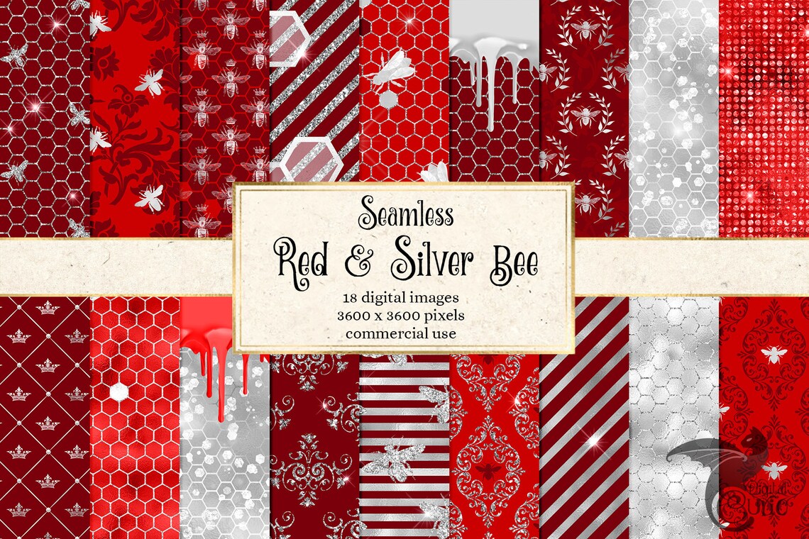 Red and Silver Honey Bee Digital Paper Seamless Patterns | Etsy