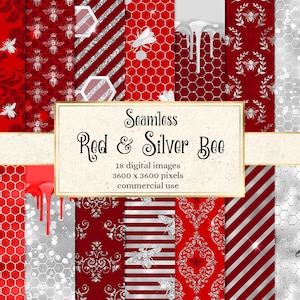Red and Silver Honey Bee Digital Paper, Seamless Patterns, Honey Bee ...