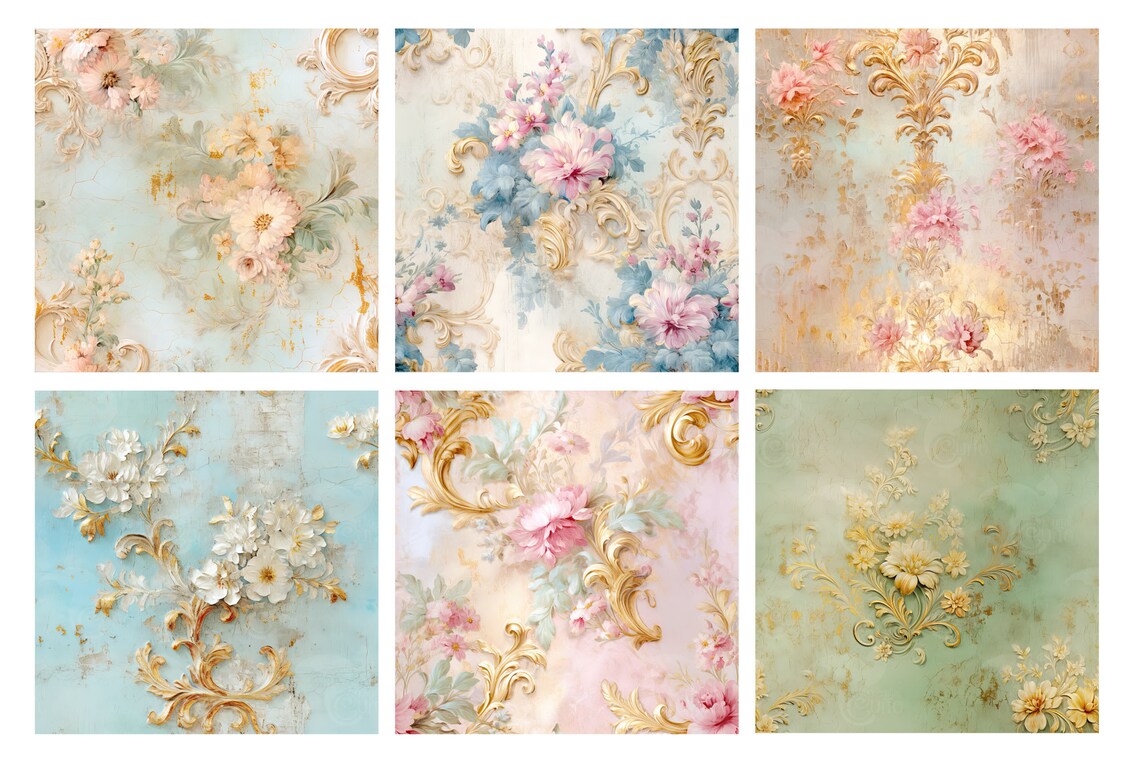 Shabby Rococo Digital Paper, Seamless Gold Foil Distressed Backgrounds ...