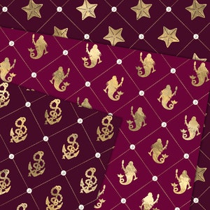 Burgundy and Gold Nautical Digital Paper, Ornate Wine Red Seamless ...