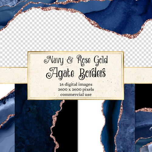 Navy and Rose Gold Agate Borders Digital Watercolor Geode PNG - Etsy