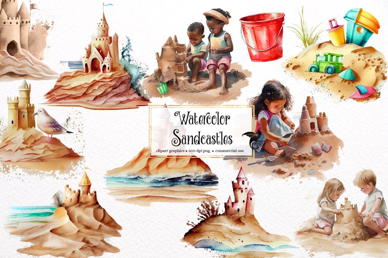 Watercolor Sandcastle Clipart Beach Day Digital Graphics for - Etsy
