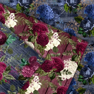 Rustic Floral Wood Digital Paper, Navy and Burgundy (instant Download ...