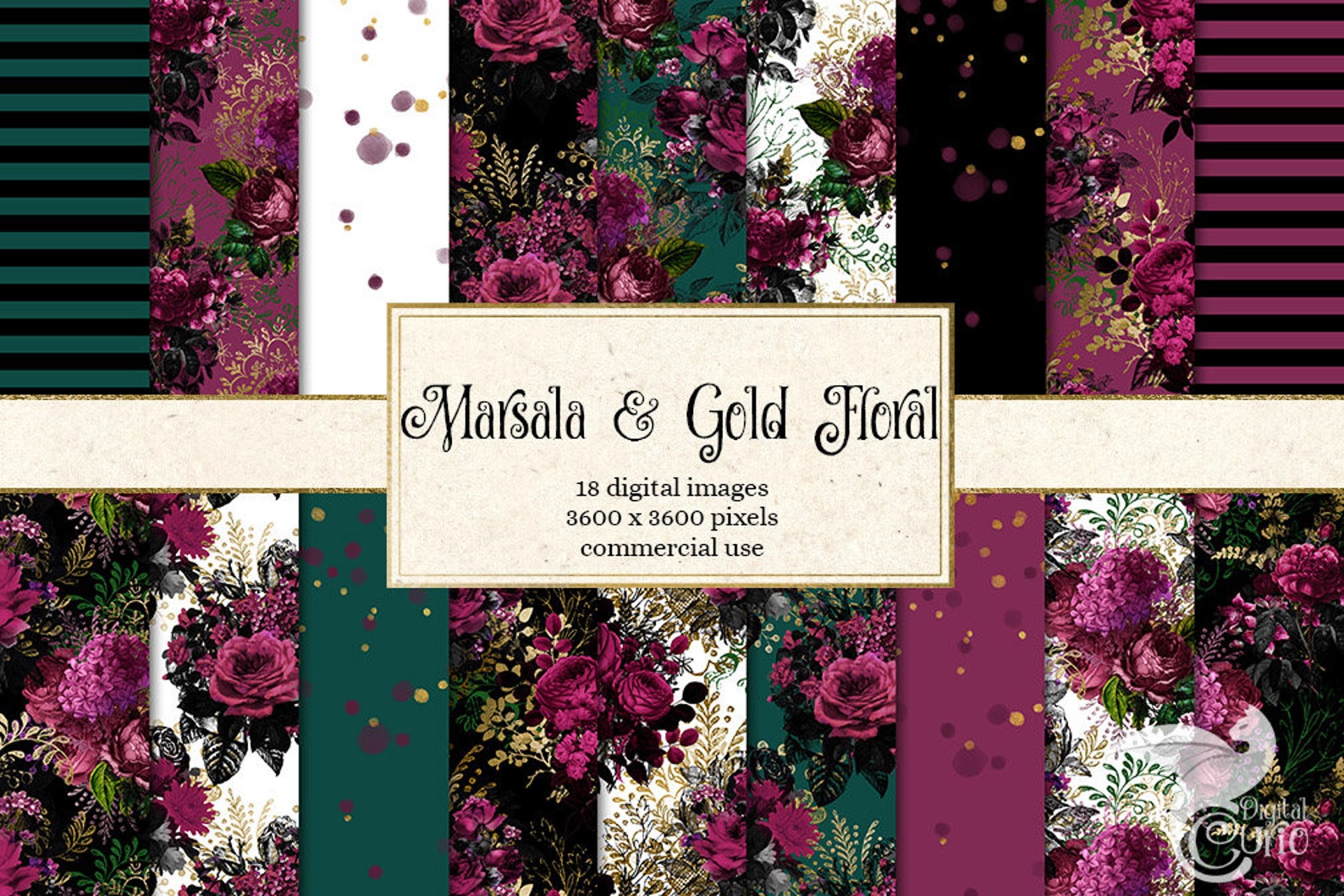 Marsala and Gold Floral Digital Paper Gold and Burgundy Rose - Etsy