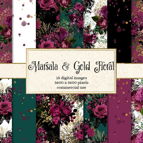 Marsala and Gold Floral Digital Paper Gold and Burgundy Rose - Etsy