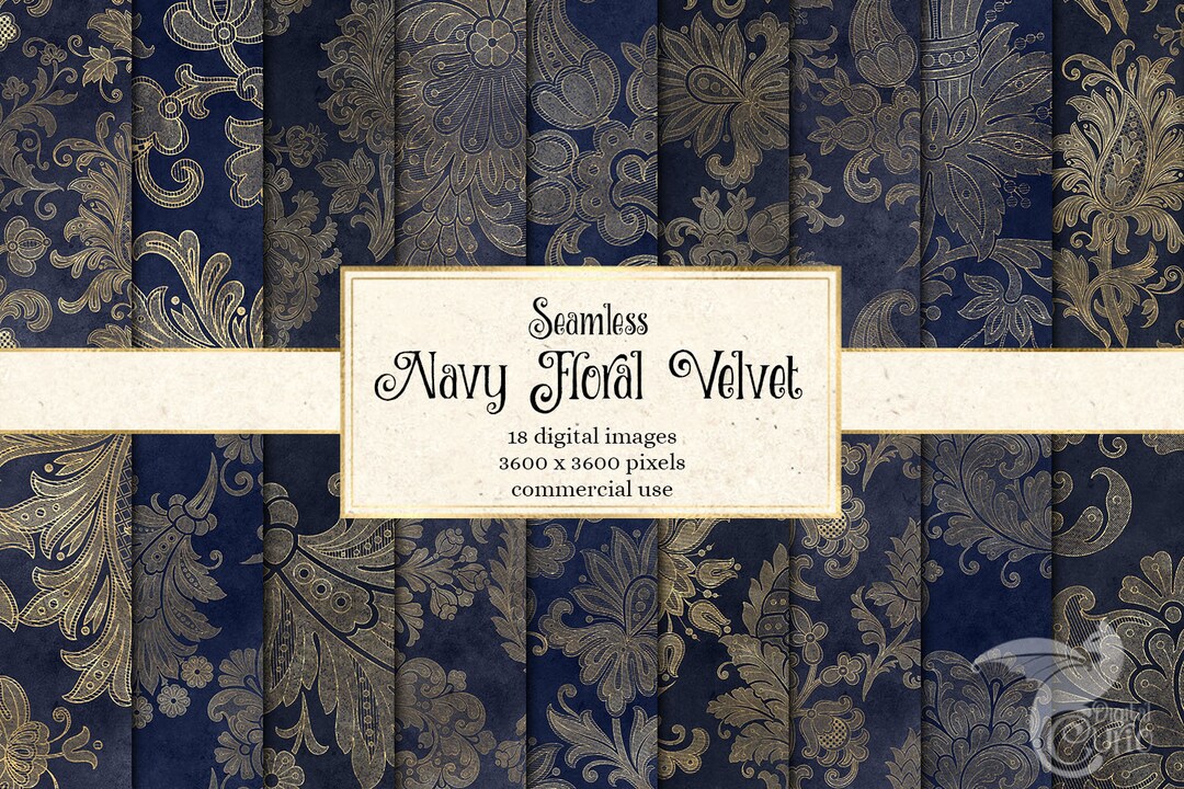 Navy Floral Velvet Digital Paper, Seamless Gold Damask Flower Patterns ...