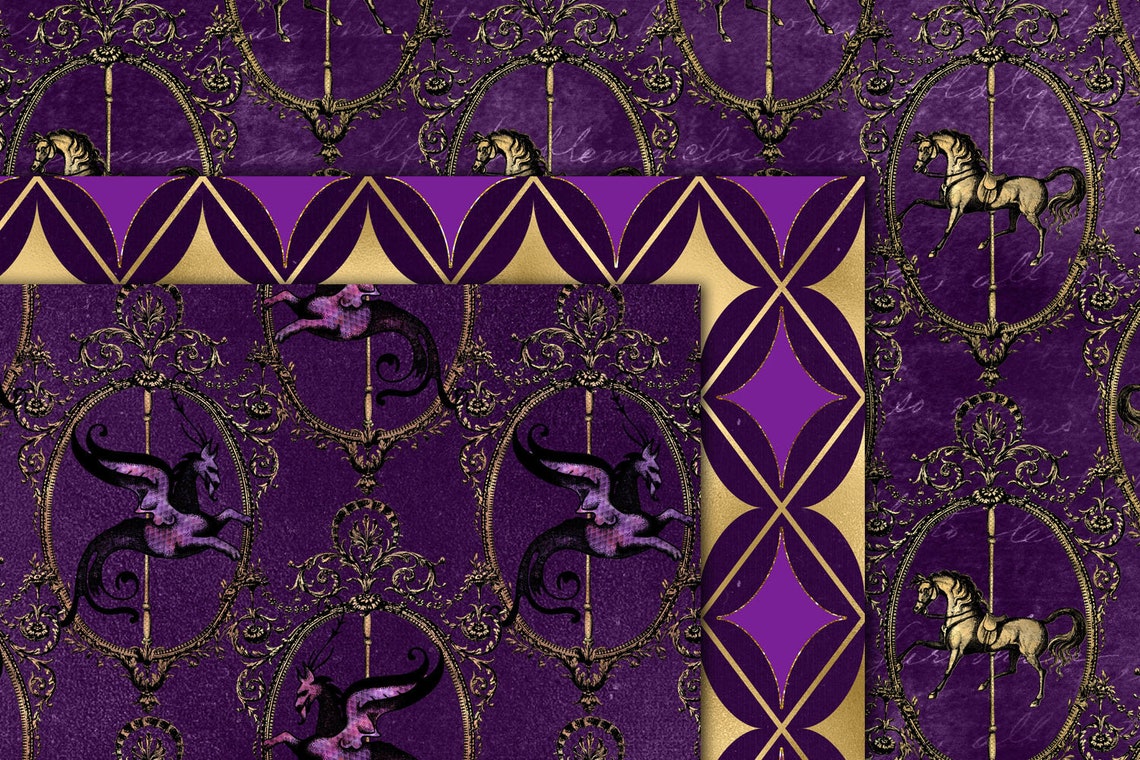 Purple Gold Circus Digital Paper, Vintage Scrapbook Patterns (digital ...