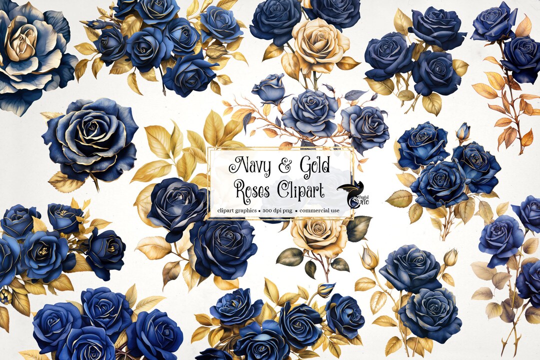 Navy and Gold Roses Clipart - Rose Leaves and Bouquets in PNG Format ...