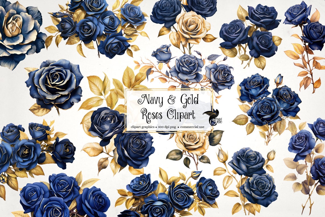 Navy and Gold Roses Clipart – Floral PNG Graphics for Commercial Use - Etsy