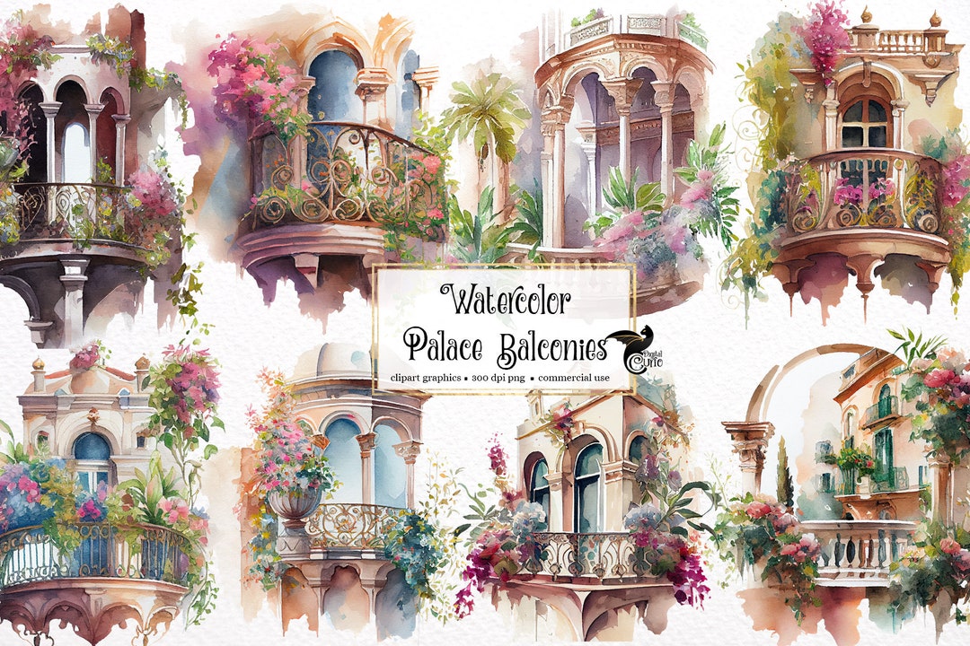Watercolor Palace Balcony Clipart – Floral Royal PNG (digital Download ...