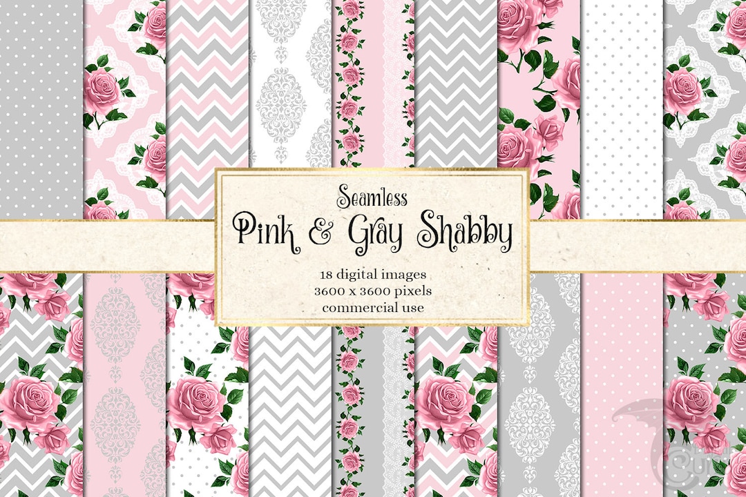 Pink and Gray Shabby Digital Paper, Seamless Floral Patterns Rustic ...
