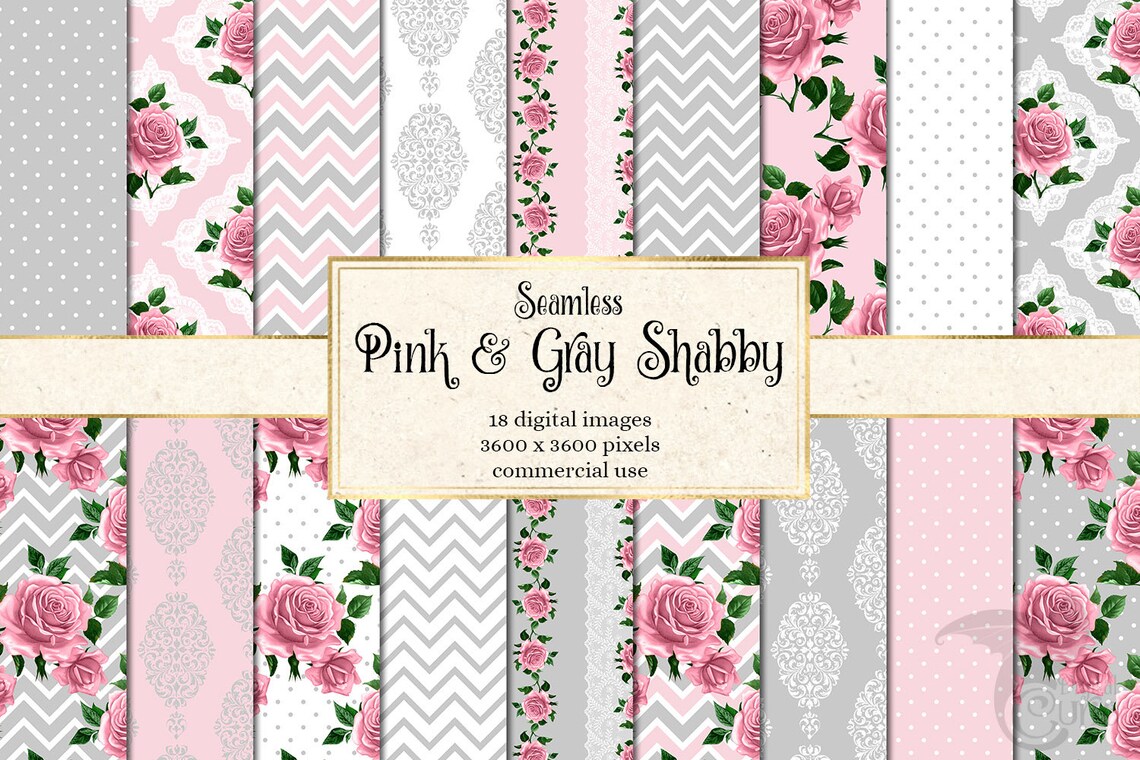 Pink and Gray Floral Digital Paper, Shabby Chic Seamless Patterns ...