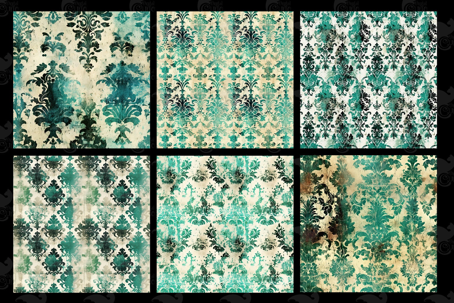 Emerald Green Damask Digital Paper, Distressed Texture (digital ...