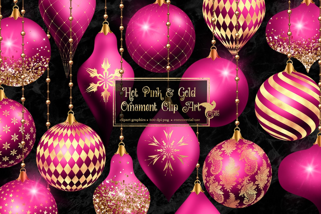 Hot Pink and Gold Christmas Ornaments Clipart, Digital Glitter ...