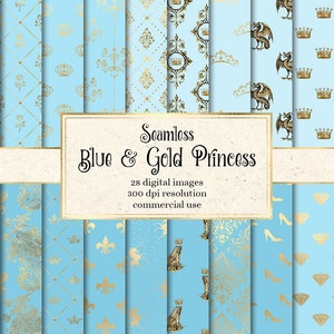 Blue and Gold Princess Digital Paper, Seamless Princess Backgrounds ...