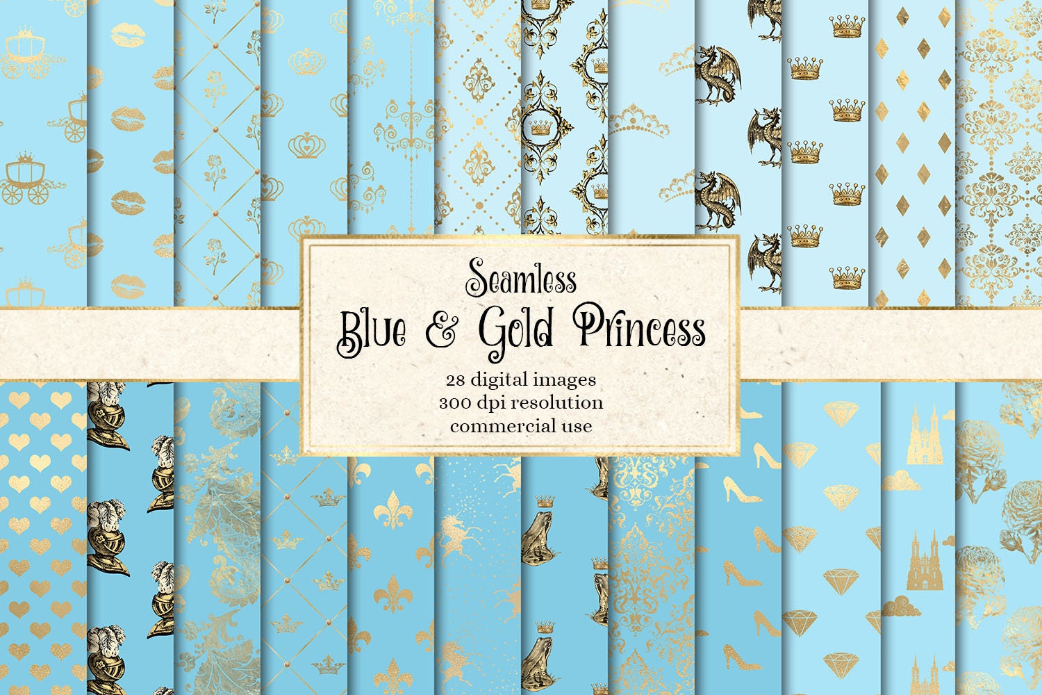 Blue and Gold Princess Digital Paper, Seamless Princess Backgrounds ...