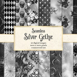 Silver Gothic Digital Paper, Skull Damask Halloween Scrapbook Paper ...