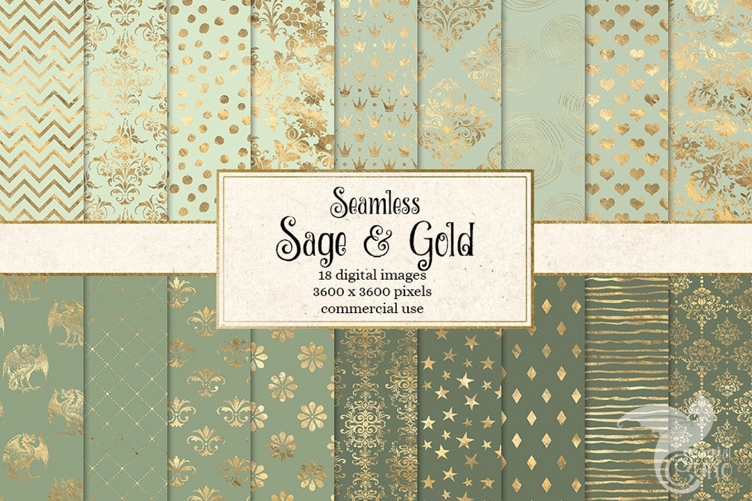 Sage and Gold Digital Paper, Green Seamless Gold Foil Patterns, Foil ...