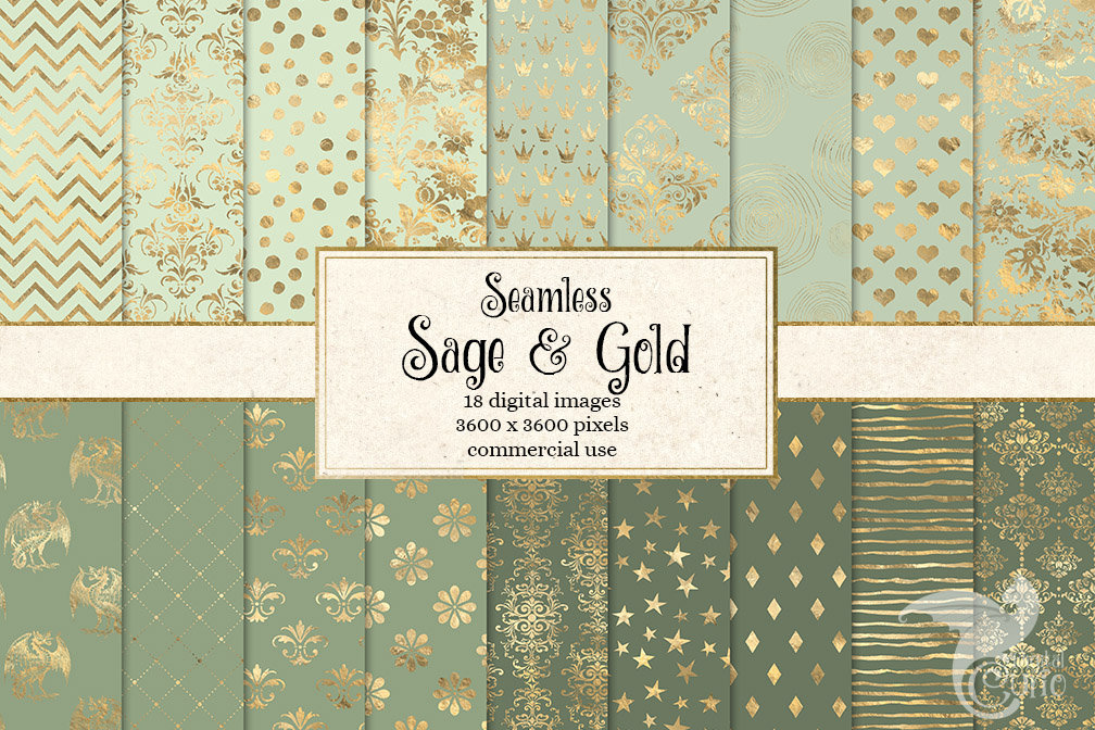 Sage Green and Gold Digital Paper, Seamless Patterns (digital Download ...