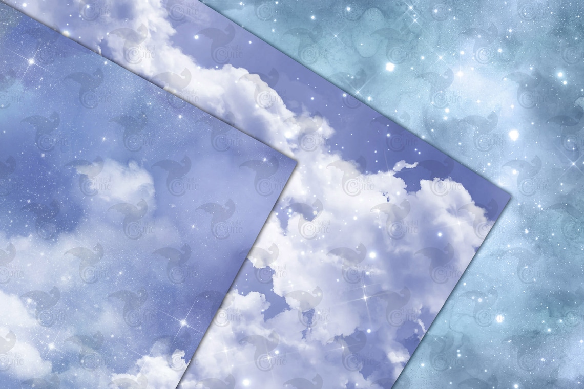 Blue Cloudy Skies Digital Paper - Stars and Clouds Galaxy Background ...