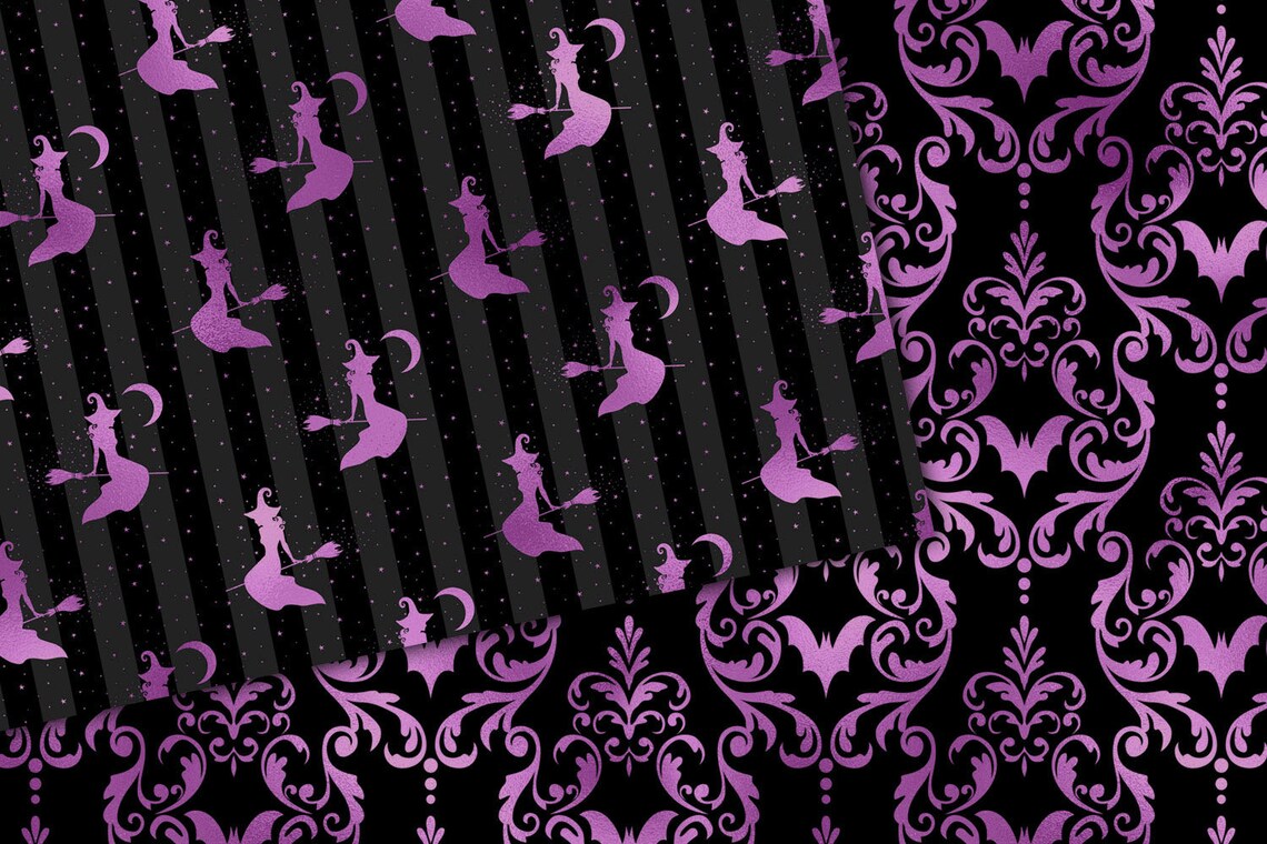 Black and Purple Halloween Digital Paper, Gothic Witch, Skulls (digital ...